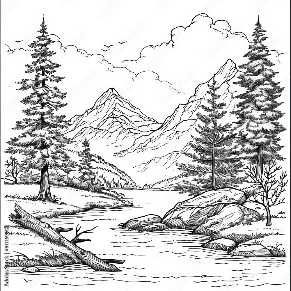 coloring page landscape , black line landscape coloring page , detailed ...