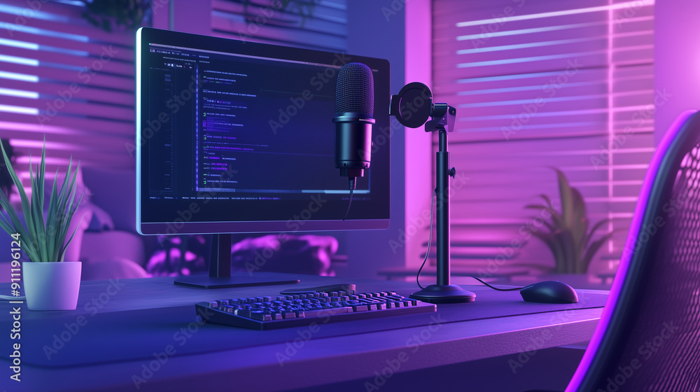 Enter the quietude of an empty podcast studio interior, a media ...