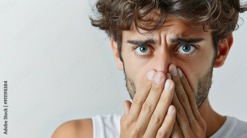 White man holding his nose with a hand, disgusted and unhappy face ...