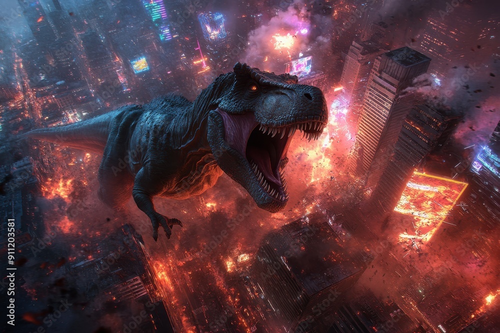A colossal T-Rex is seen wreaking havoc amidst the towering skyscrapers ...