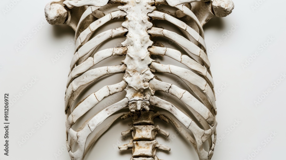 Real human rib cage skeleton is lying on a white surface, showing the ...