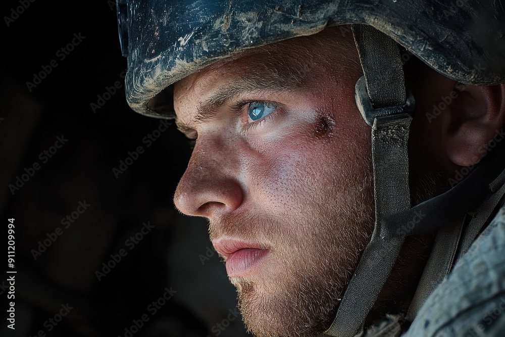 The side profile of a soldier in the dark, fully equipped with military ...