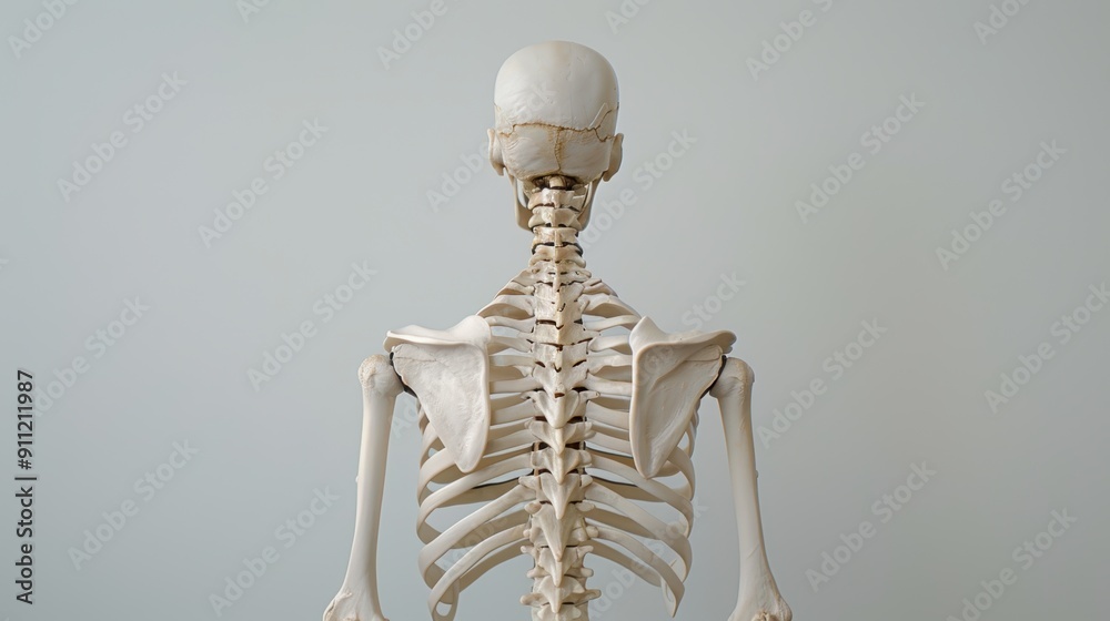 Human skeleton standing with a neutral background, showing spine ...