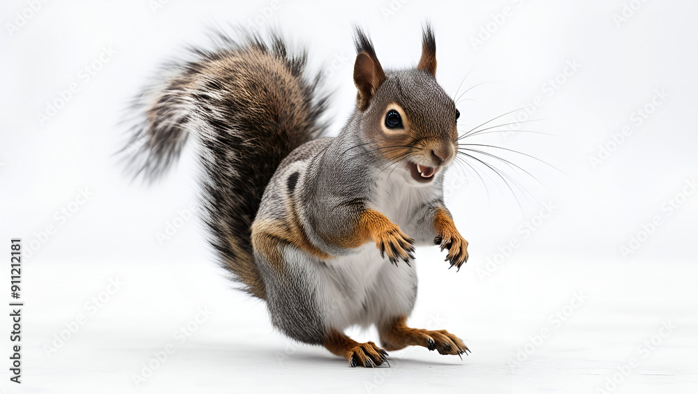squirrel as a gymnast, performing on a balance beam against a gym mat blue backdrop generative ...