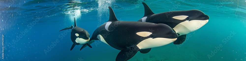 Orcas hunting in a pod underwater, blue sea, coordinated marine ...