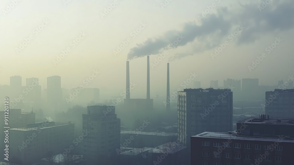 Thick smog envelops a city at dusk, rising from industrial smokestacks ...