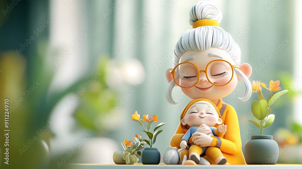 3d cartoonish happy retirement lifestyle illustration, healthy old lady ...