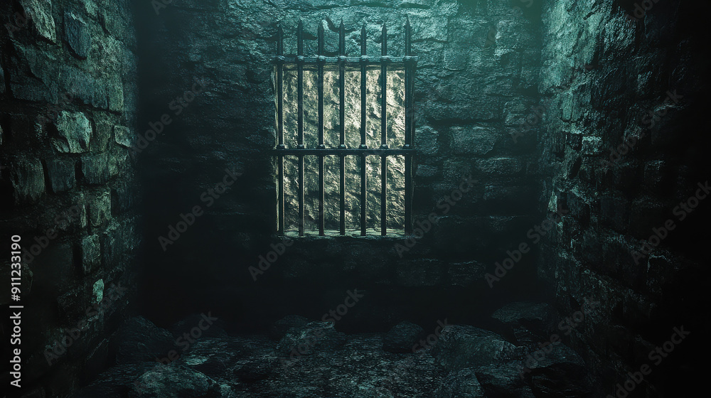 A haunting image of a dark dungeon cell, featuring a small barred ...