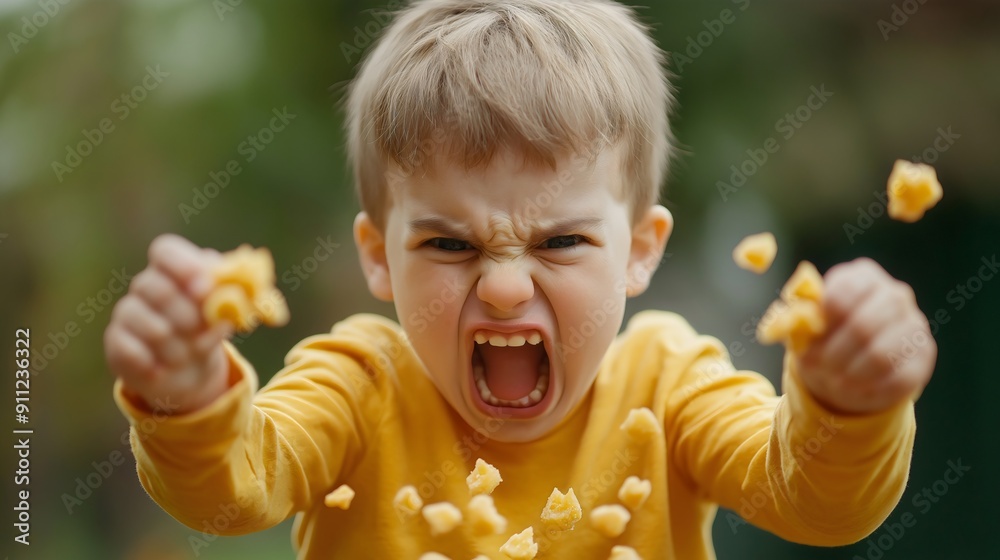 Upset nervous Caucasian young child displaying aggressive and ...