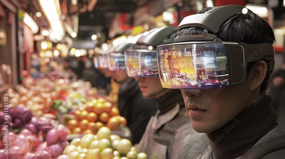 The futuristic market is a dazzling display of technological marvels ...