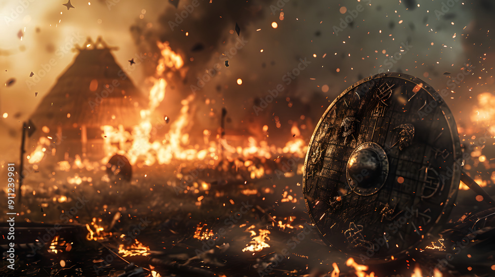 Viking shield and burning village. Fiery embers swirl amidst ...