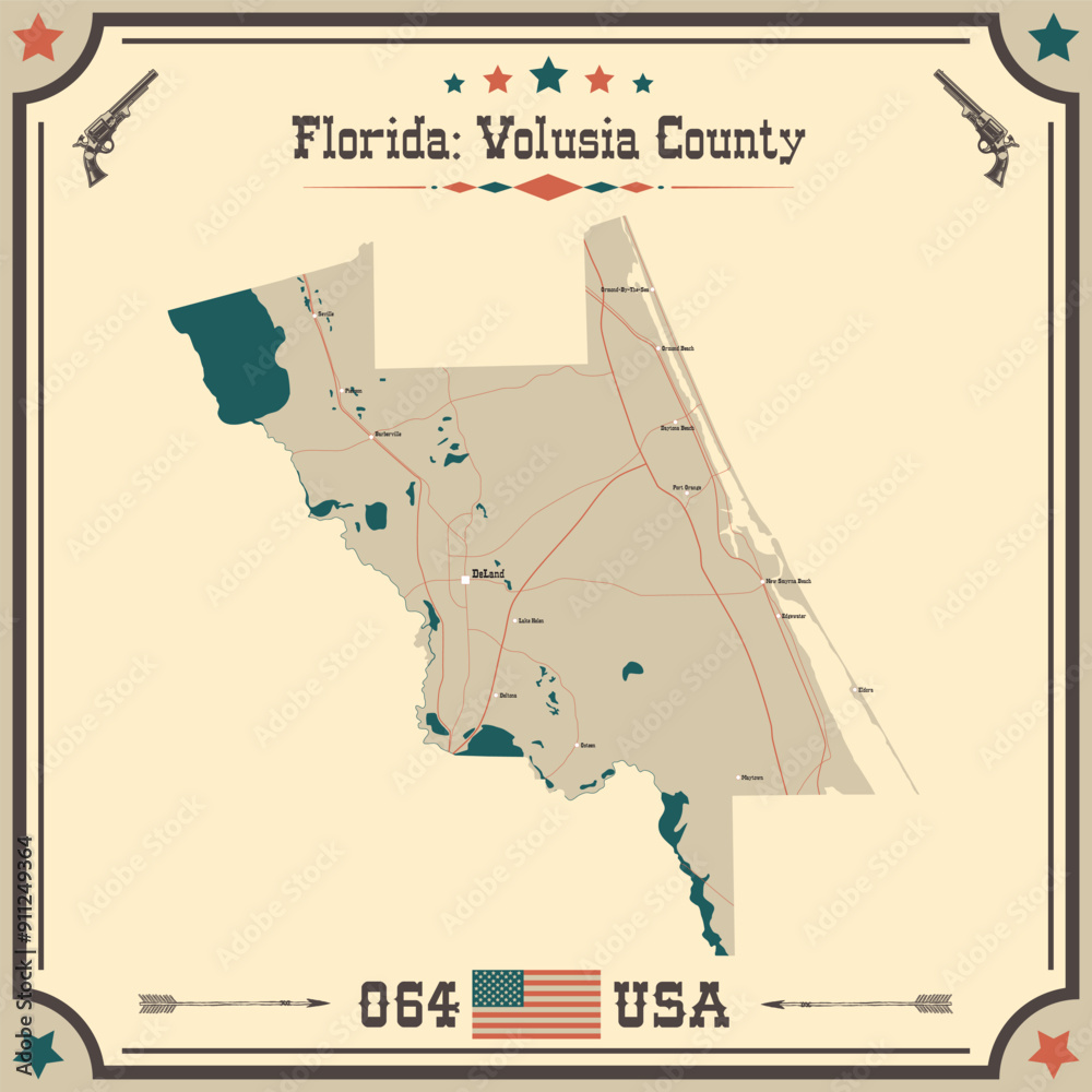 Large and accurate map of Volusia County, Florida, USA with vintage ...
