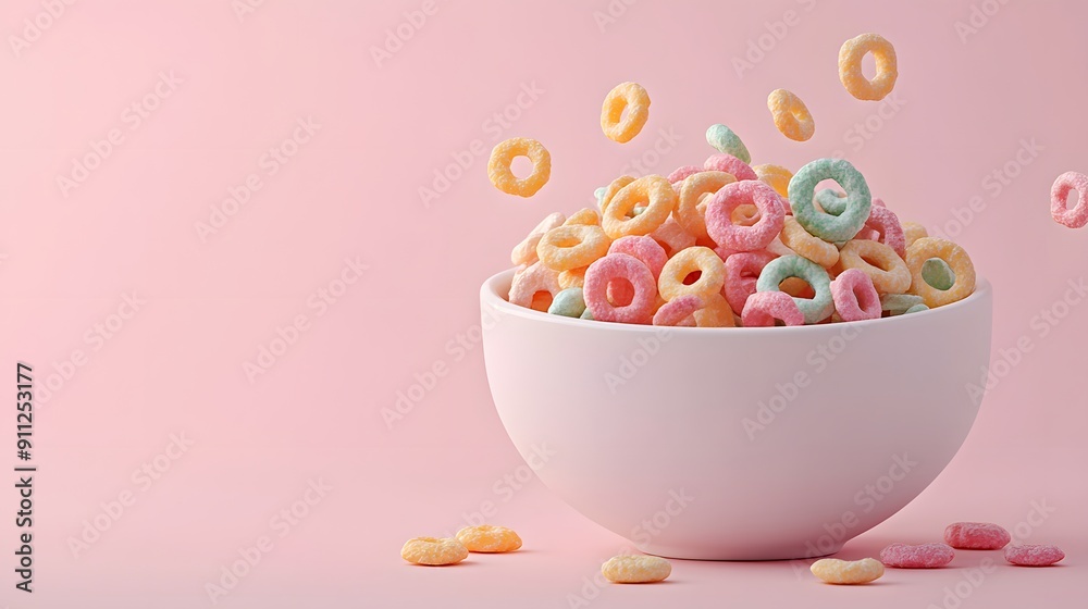 Colorful fruit loop cereal, white ceramic bowl, soft pink background ...