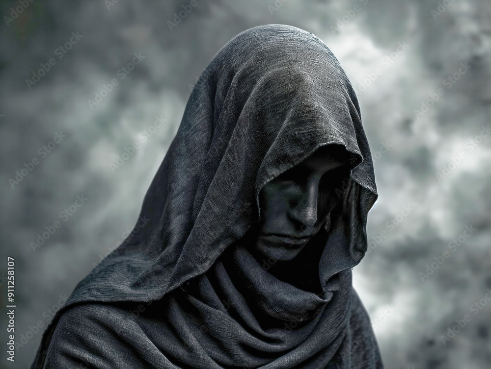 A woman in a hooded cloak is standing in front of a cloudy sky. Concept ...