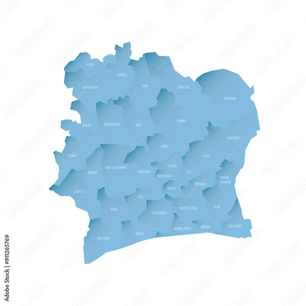 Ivory Coast political map of administrative divisions - regions and autonomous districts. Shaded ...