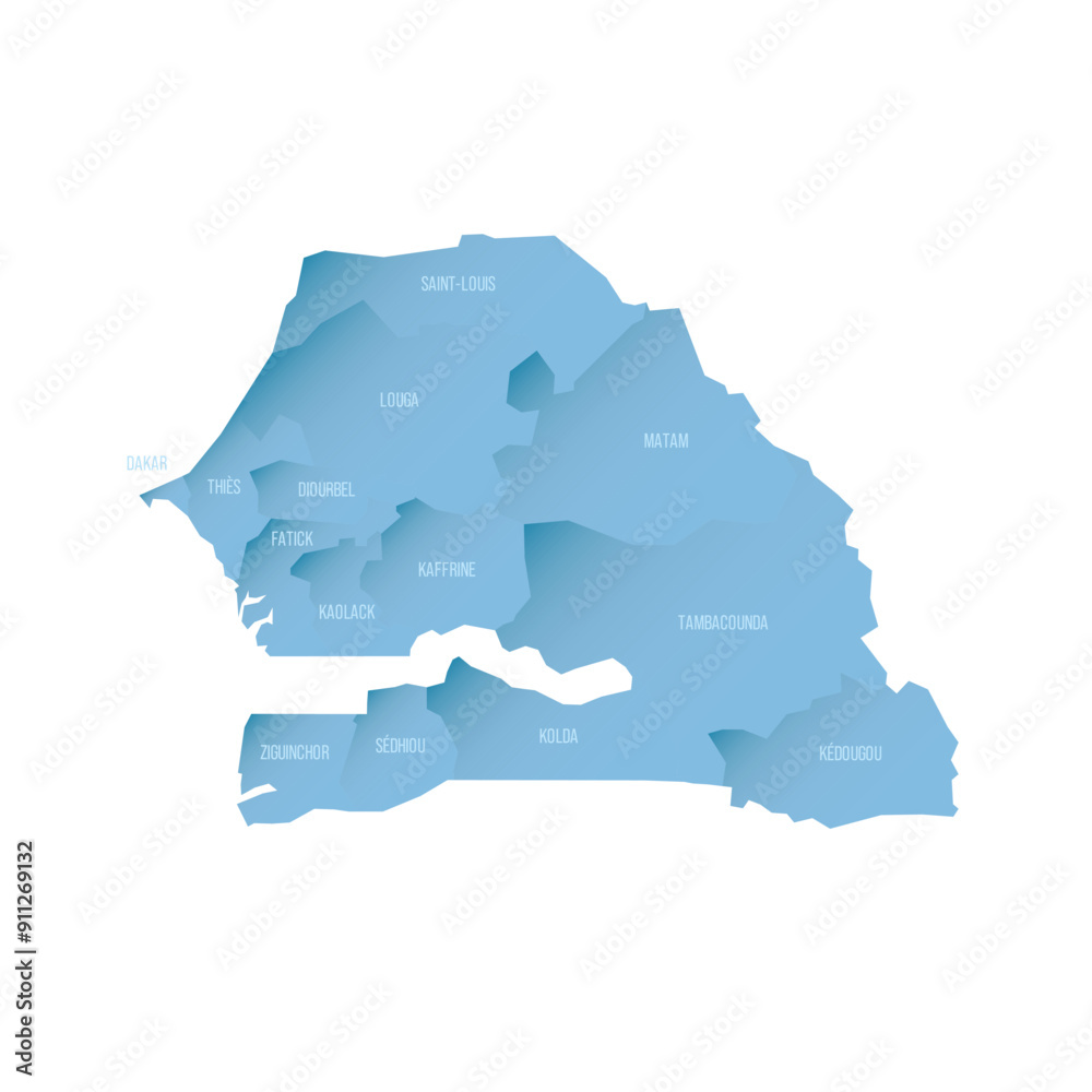 Senegal political map of administrative divisions - regions. Shaded ...