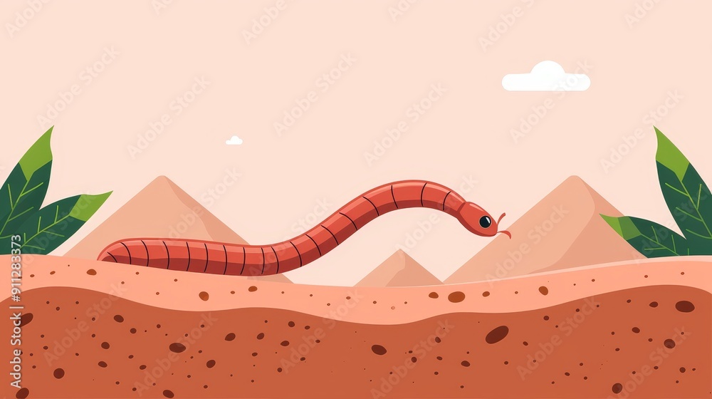 Earthworm emerging from the ground, simplistic and uncluttered, clean ...