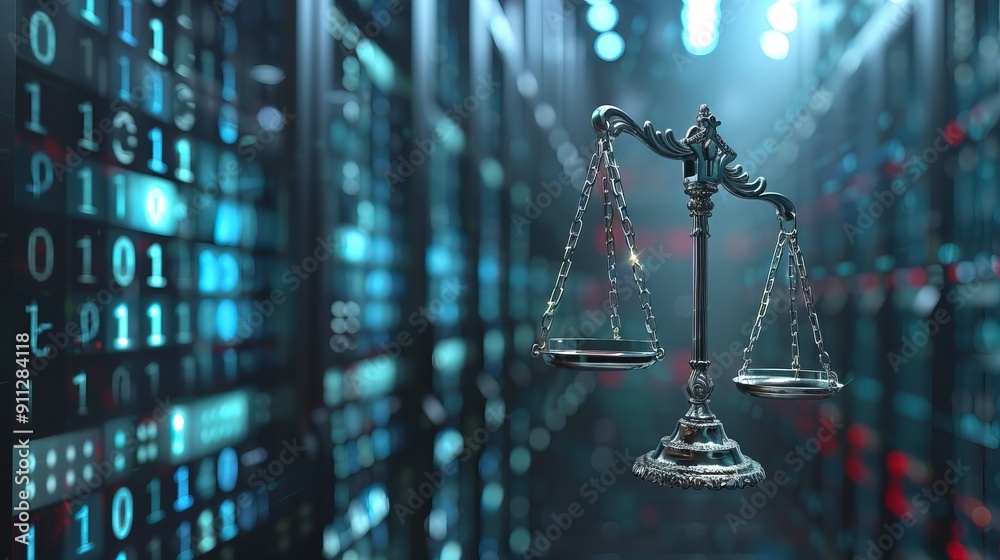 Law scales on background of data center. Digital law concept of duality ...