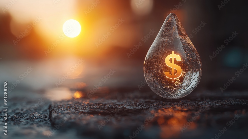 Water droplet reflecting a dollar sign with a sun setting background ...