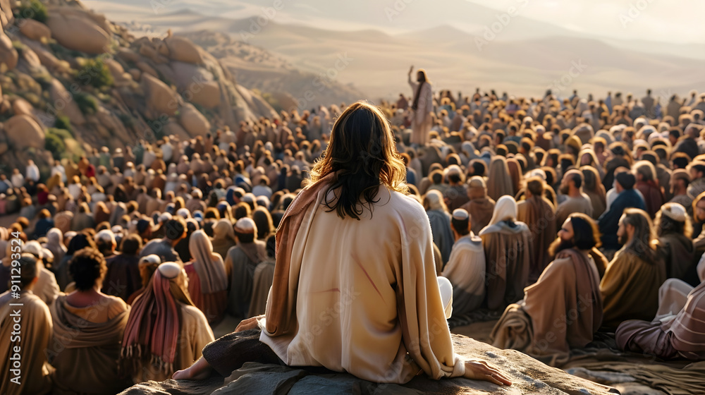 Jesus sat on a rock preaching to a large crowd on the mountain. The ...