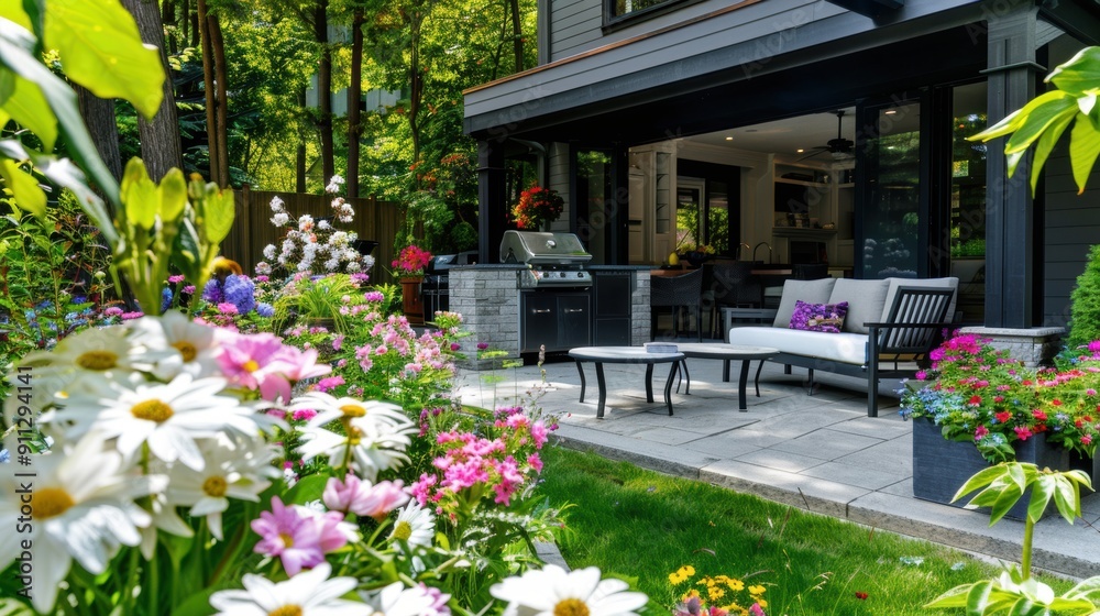 Cozy Backyard Patio with Outdoor Seating, Grill, and Flowering Garden ...