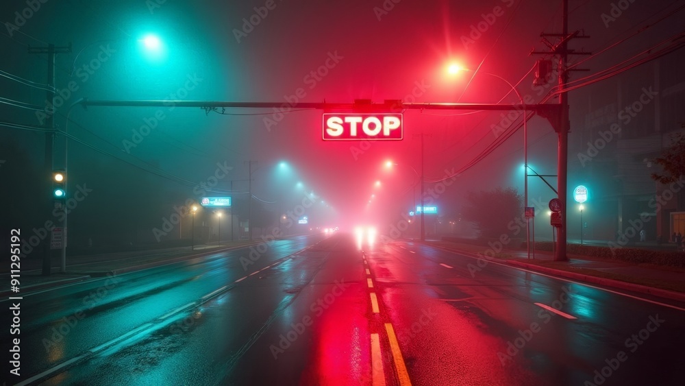 A misty street at night with glowing traffic lights and a stop sign ...