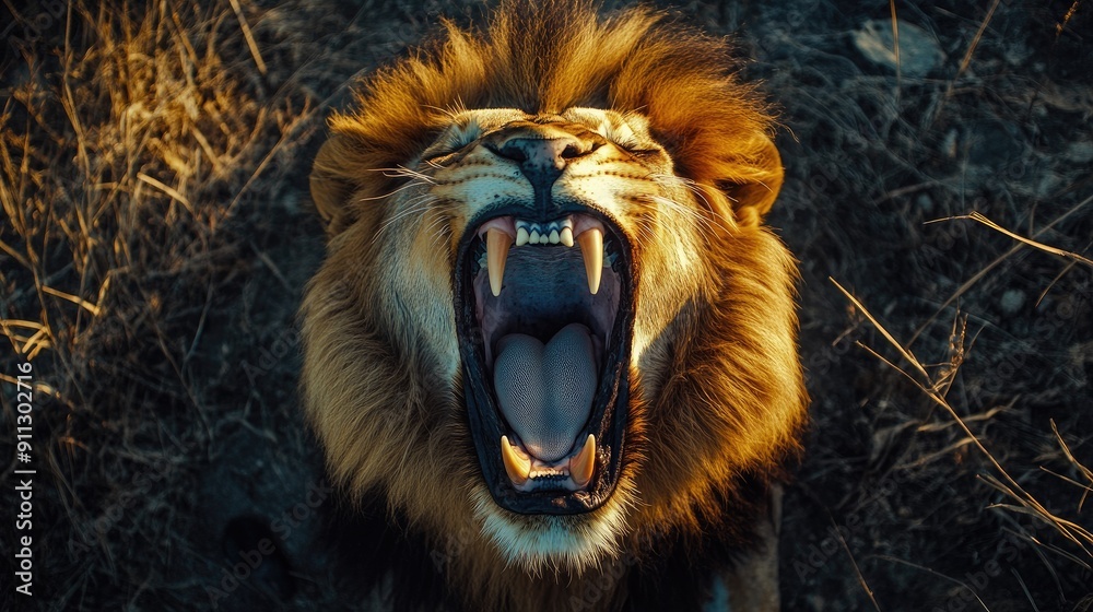 Top view of a lion roaring with its mouth wide open, showing its ...