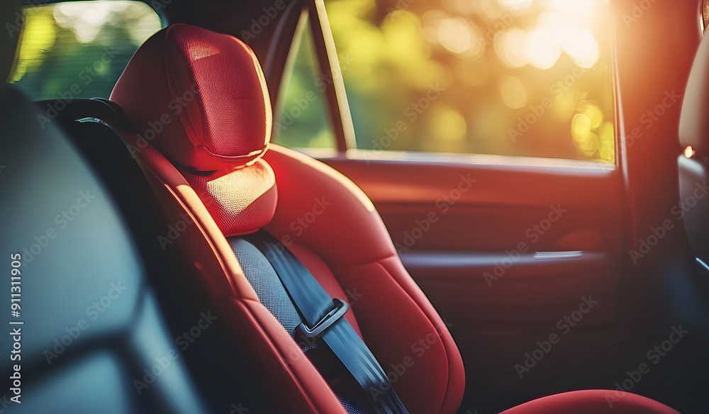 A red baby car seat is attached to the back of an SUV, creating a close ...
