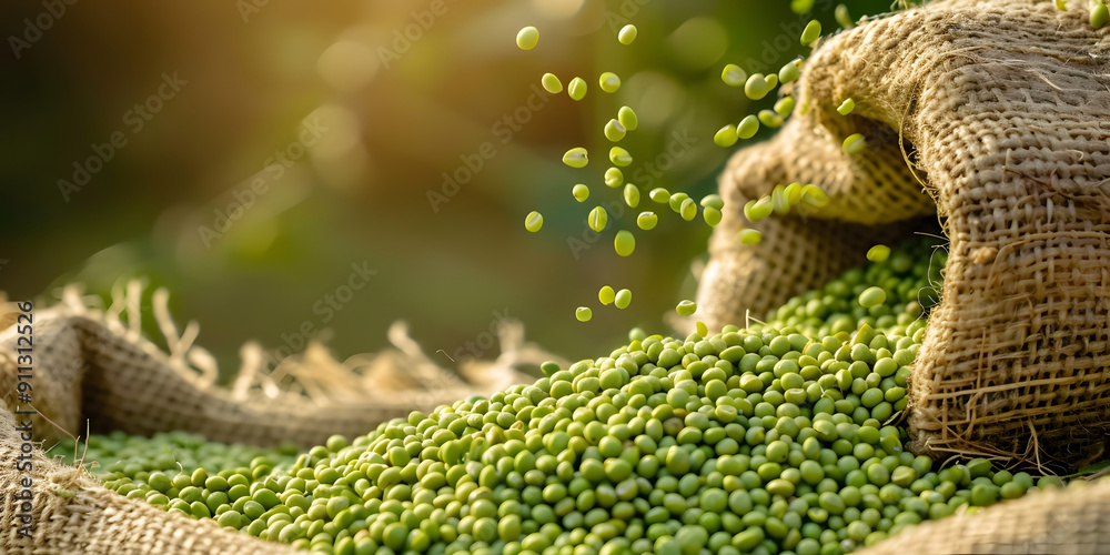 Pouring green moong dal (Vigna radiata) into a sack. Concept ...