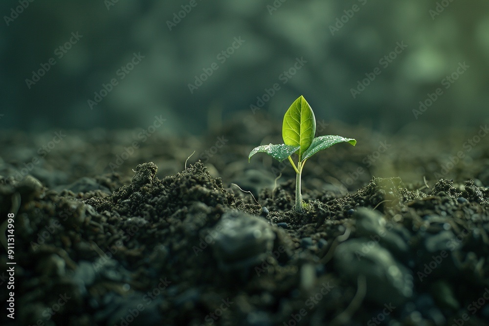 A tiny sprout breaking through fertile soil, with a time-lapse effect ...