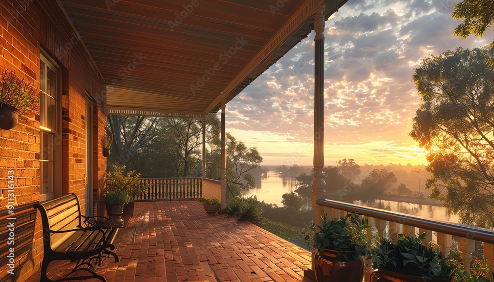 Scenic 8K porch overlooking the Murray River at sunset, photorealistic ...