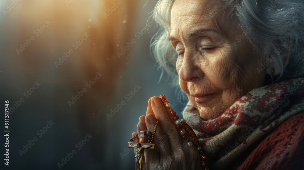 Portrait of senior woman praying while holding Christian symbol of ...