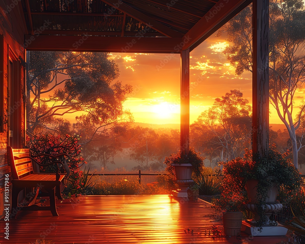 8K photorealistic image of a porch at sunset, Murray River view, native ...