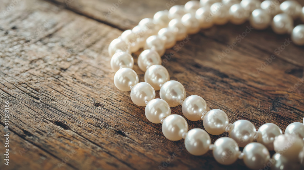 Vintage pearl necklace displayed on a rustic wooden table, ideal for ...