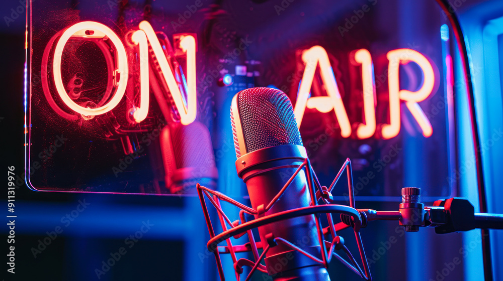 Professional microphone and red neon on air sign on dark blue ...