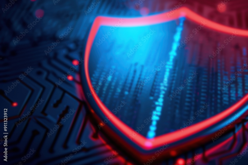 Glowing red and blue shield symbol on a digital circuit board ...