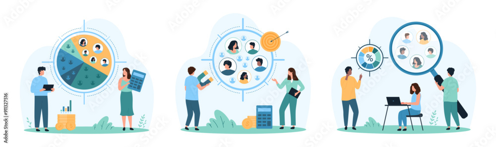 Target audience and focus group analysis set. Tiny people research ...