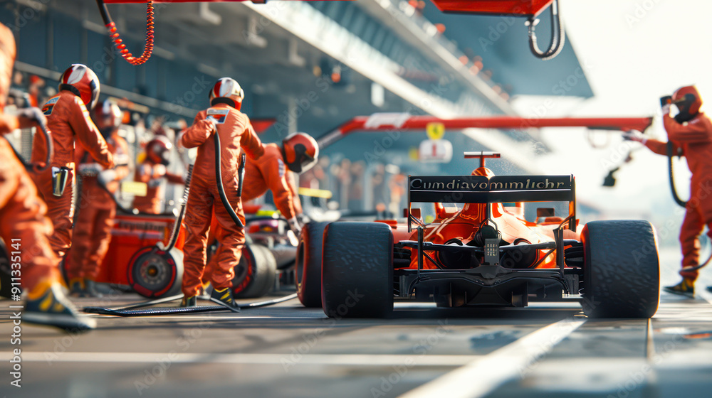 Professional pit crew in orange uniform ready for action as their team's race car arrives in pit ...