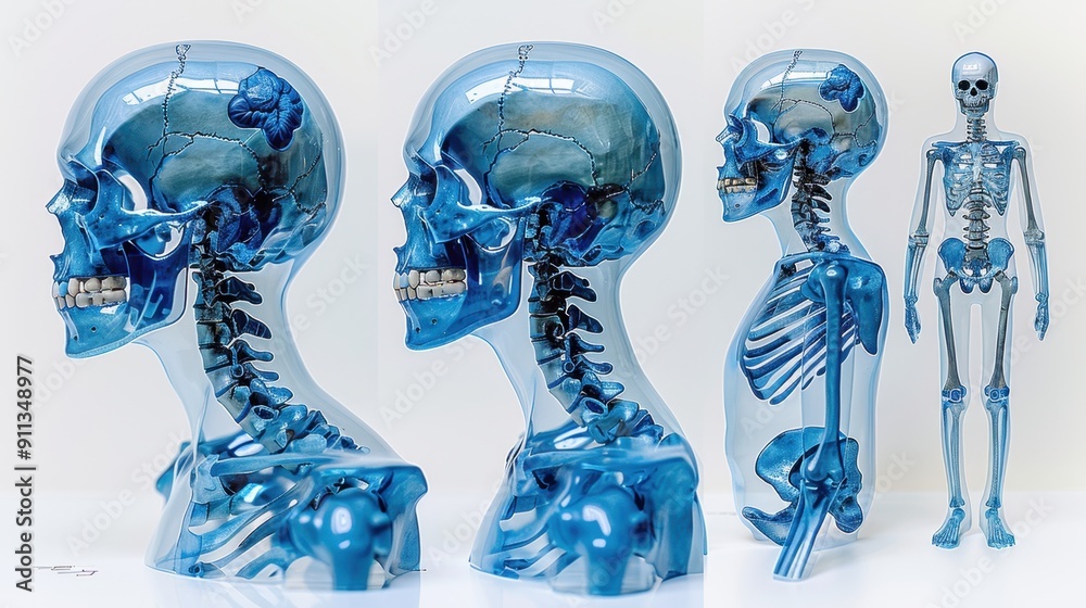 Detailed representation of human skeletal system and cranium with blue ...