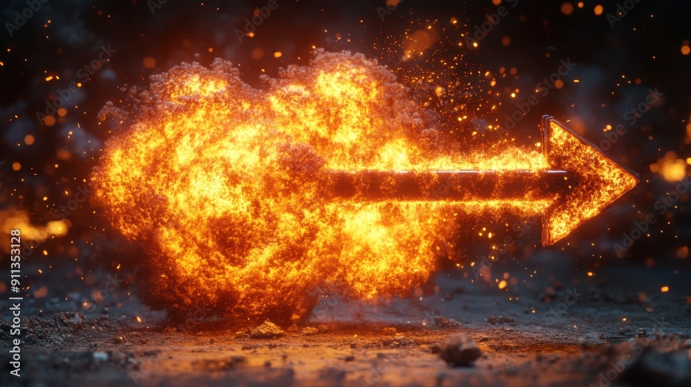 Explosion simulation with an arrow sign, original 3D rendering ...