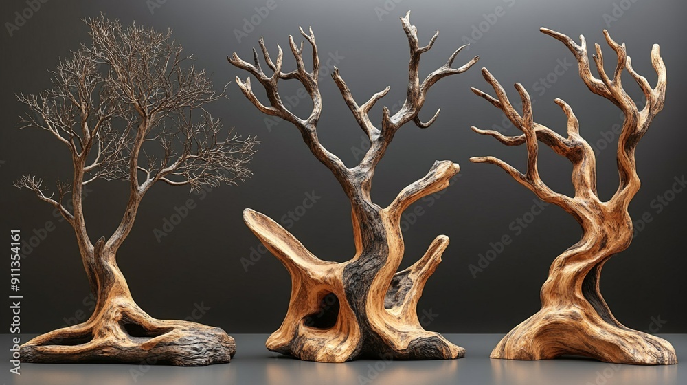 Stylish collection of natural wood tree sculptures featuring ...
