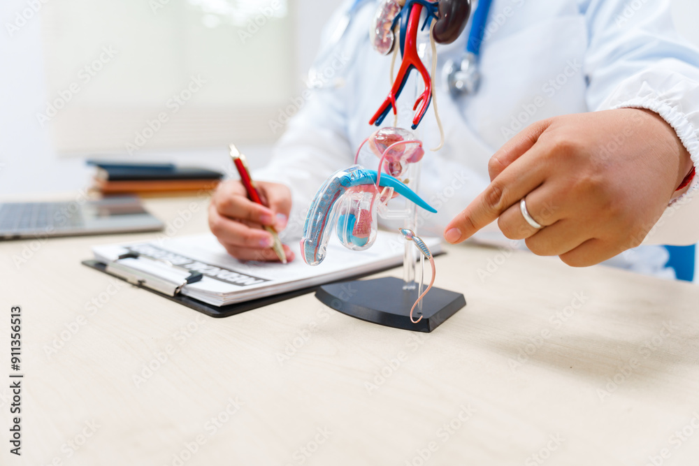 A doctor with suspected prostate cancer using a male reproductive ...