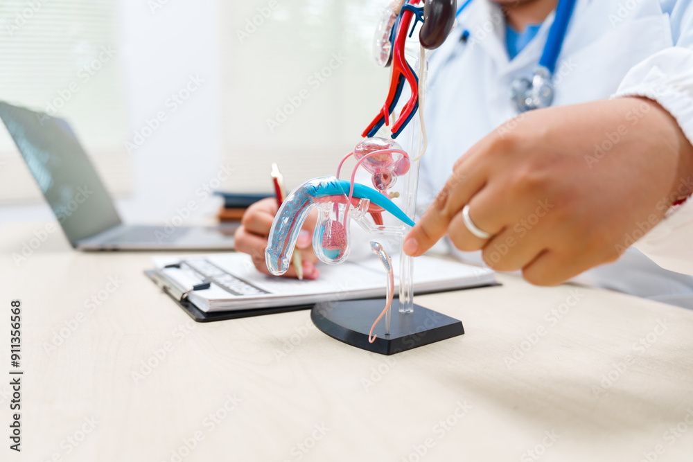 A doctor with suspected prostate cancer using a male reproductive ...
