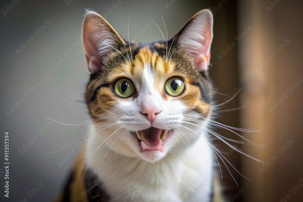 Adorable calico cat abruptly inserts herself into the frame, showcasing ...