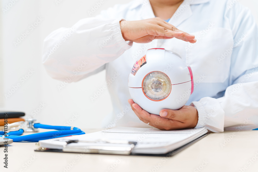 An eye doctor examines an anatomical model of the eye at the clinic ...