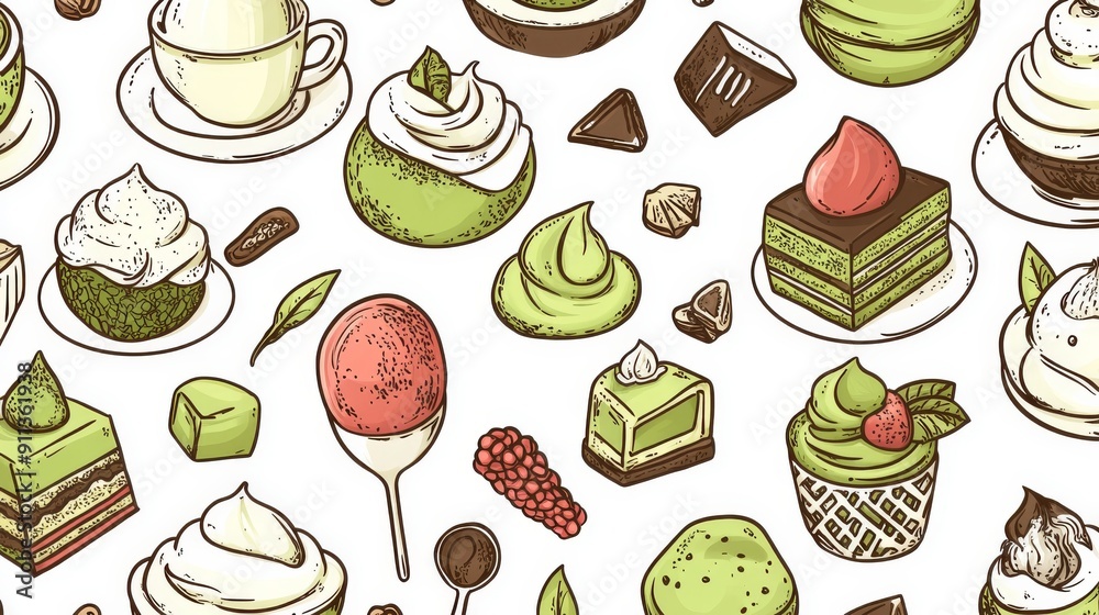 Cartoon-style doodle icons of Japanese desserts like matcha cakes, red ...