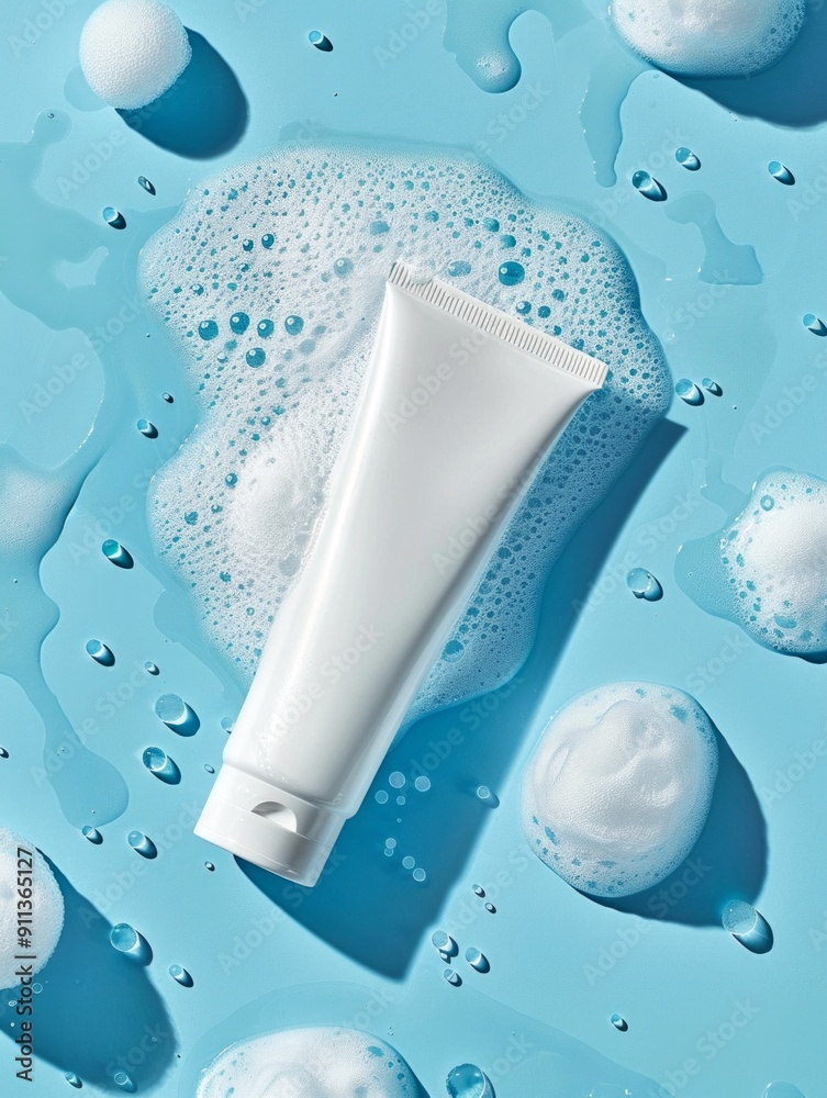White cosmetic tube on soapy water background with bubbles. Minimalist ...