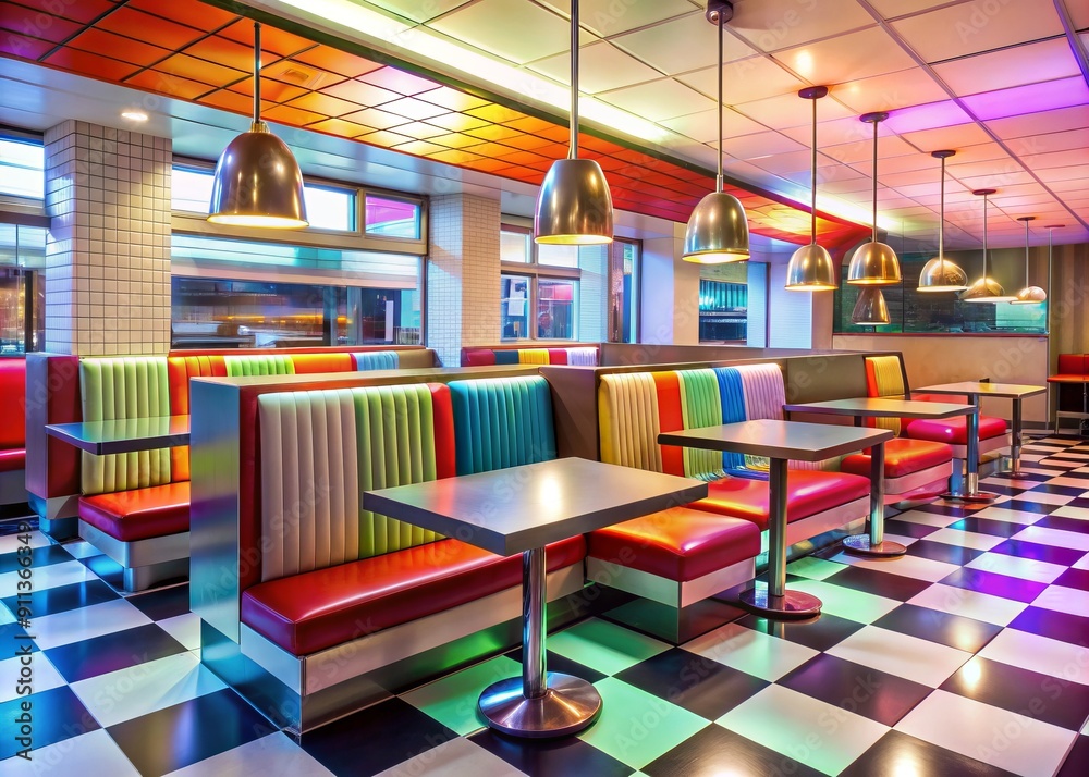 Brightly lit, modern fast food eatery with vinyl booths, Formica tables ...