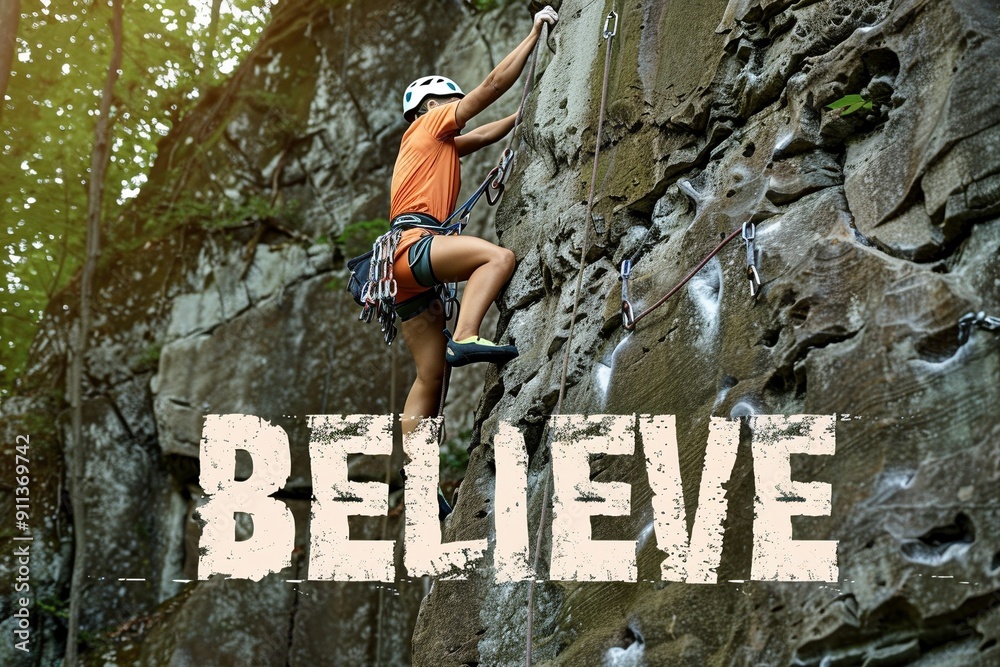 A banner split horizontally with the top section showcasing a climber ...