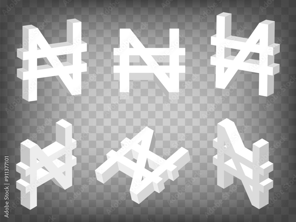 Set of perspective projections 3d Nigerian Naira Sign model icons on ...